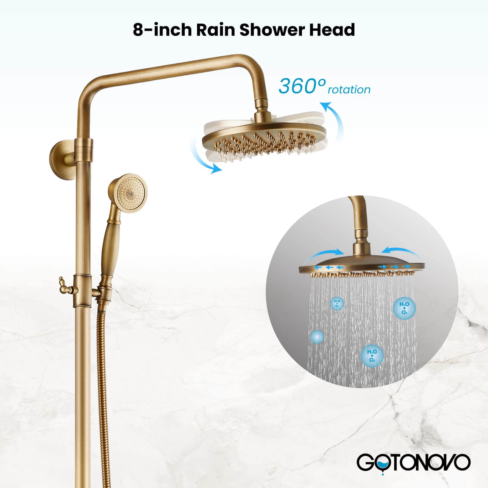 gotonovo Exposed Bathroom Shower Faucet with Shower Shelf Antique Brass 8 inch Rainfall Shower Head Wall Mounted Double Cross Handles Handheld Sprayer Shower Shower System Dual Functions