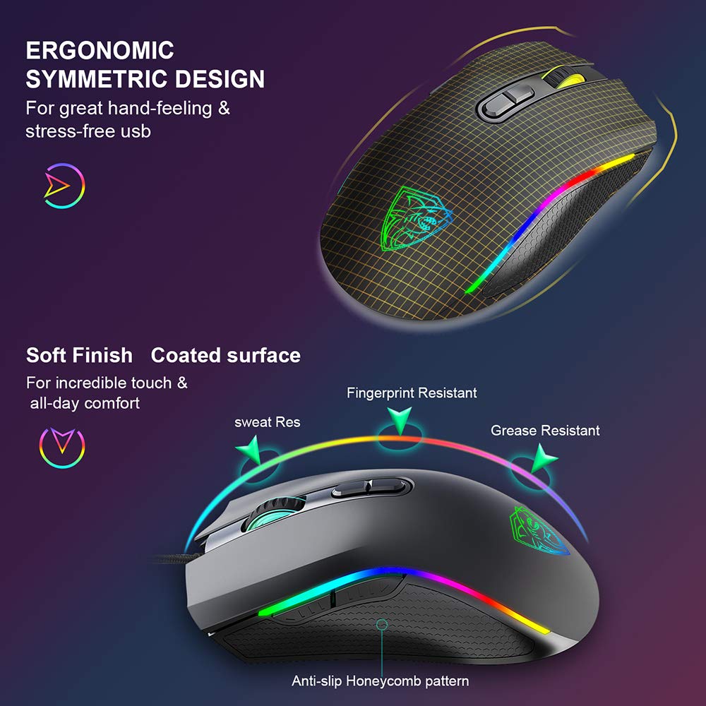 GTRACING Gaming Mouse 7200 DPI 7 Programmable RGB Wired Ergonomic Game USB Computer Mice RGB Gamer Desktop Laptop Pc Gaming Mouse, Breathing Light 7 Buttons for Windows 7/8/10/XP Vista, Black