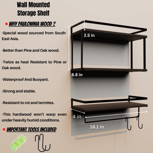 Wall Mounted Floating Shelves Set of 2 with Tissue Rack, Towel Bar & Hooks, Storage Rack for Bathroom, Kitchen, Livingroom, Bedroom & Garage - Black