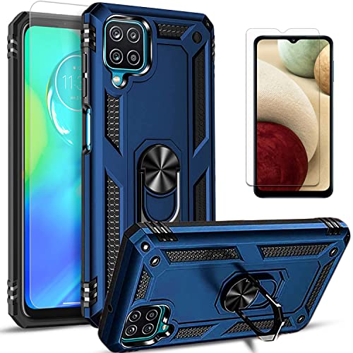 STARSHOP Samsung Galaxy A42 5G Phone Case, with [Tempered Glass Screen Protector Included], Military Grade Shockproof Protective Dual Layer Phone Cover with Metal Ring Kickstand - Navy