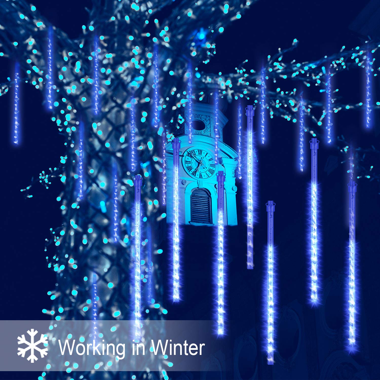 GPODER 50CM Shower Rain Lights, 576 LEDs Falling Rain Lights, 12 Waterproof Spiral Tubes Meteor Lights for Christmas Outdoor Garden House Window Xmas Tree Decoration(Blue)