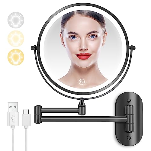 Wall Mounted Makeup Mirror with Lights, 1X/10X Magnifying Mirror 360° Extendable Arm, LED Vanity Bathroom Mirror with 3 Color Lighting, 8 Inch Double Sided Rechargeable Wall Light up Mirror, Black