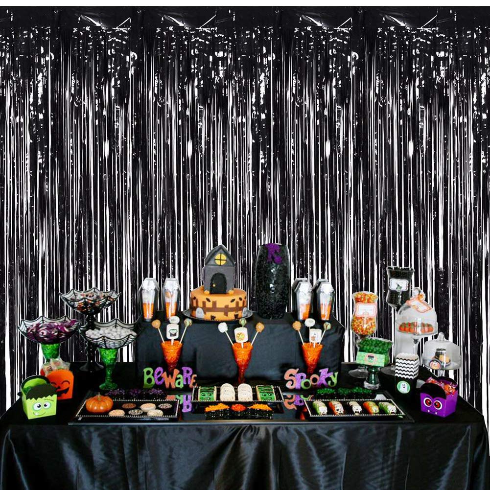 Hooqict 2 Pack Black Foil Fringe Curtains Large Metallic Foil Photo Backdrop for Halloween Decorations Birthday Bachelorette Wedding Party Supplies