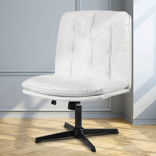 Waleaf Leather Armless Desk Chair No Wheels Swivel Chair Padded Modern Cute Office Chair Height Adjustable Wide Seat Cross Legged Chair for Home Office Desk Chair Vanity Chair Mid Back (White)