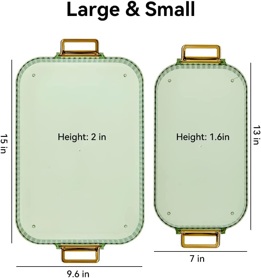 VANDHOME Serving Tray with Handle Set of 2 Rectangular Tray/Platters for Food Organizer, Snacks, Cookies, Dessert, Breakfast, Stackable Sturdy and Easy Clean Serving Tray, 13" x 7" & 15" x 9.6" Green