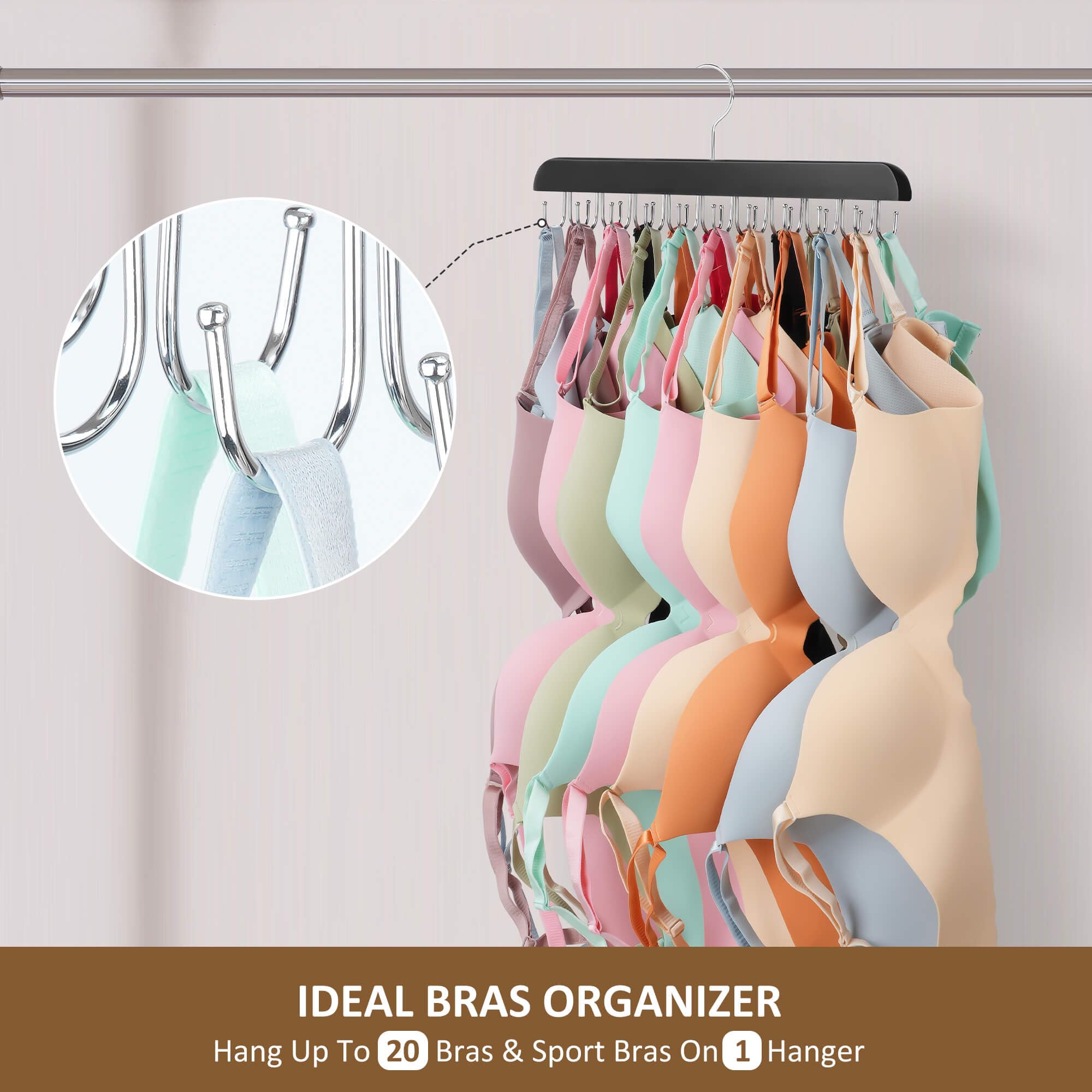 ZEDODIER Bra Hanger for Closet, Tank Top Hanger 20 Hooks Capacity, Wood Space Saving Hanger Closet Organizers and Storage for Dorm & Apartment, Black