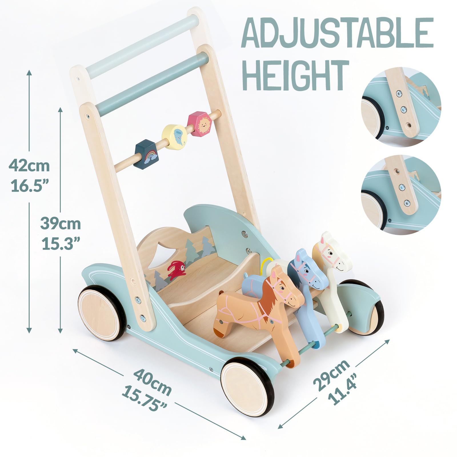 Giant bean Wooden Baby Walker for Boys Girls Ages 1+, Galloping Ponies Push and Pull Activity Walker Adjustable Speed, Baby Push Walker Gift for Toddler Kids Motor Skills & Stimulates Creativity