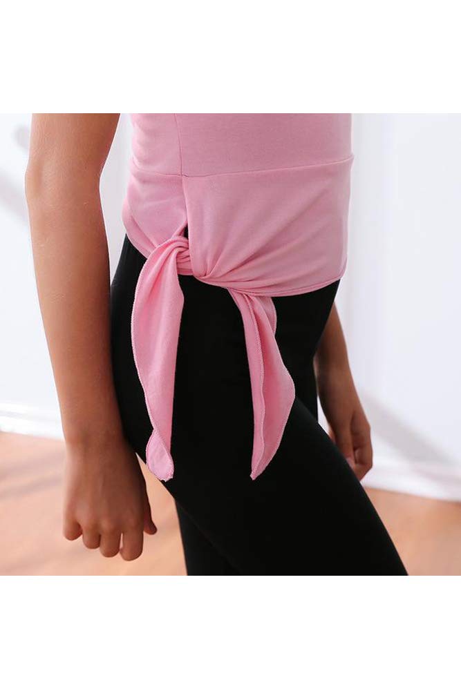 Girls Ballet Leotard Dance Outfits with Short Sleeves Top and Capri Leggings Kids Gymnastics Clothes Set Pink