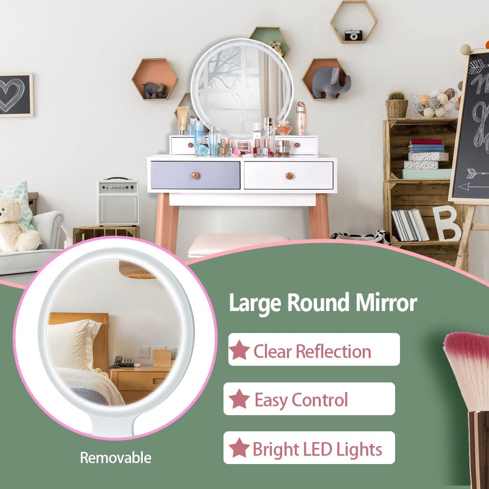 Goujxcy Vanity with Lights and Mirror Desk and Chair (White)