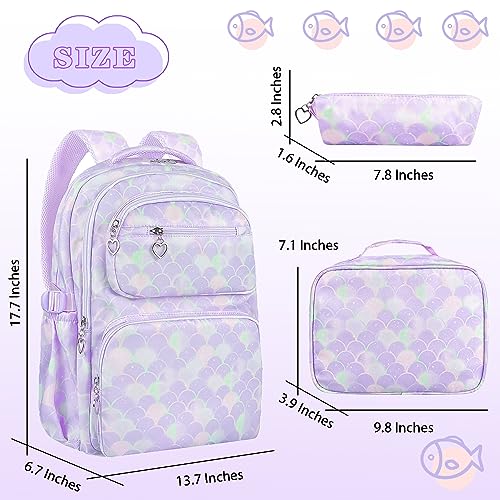 THE Crafts Girls Backpack Bookbag Set with Lunch Bag Pencil Case 3 in all for Elementary Primary Middle School Teenage(Purple Mermaid