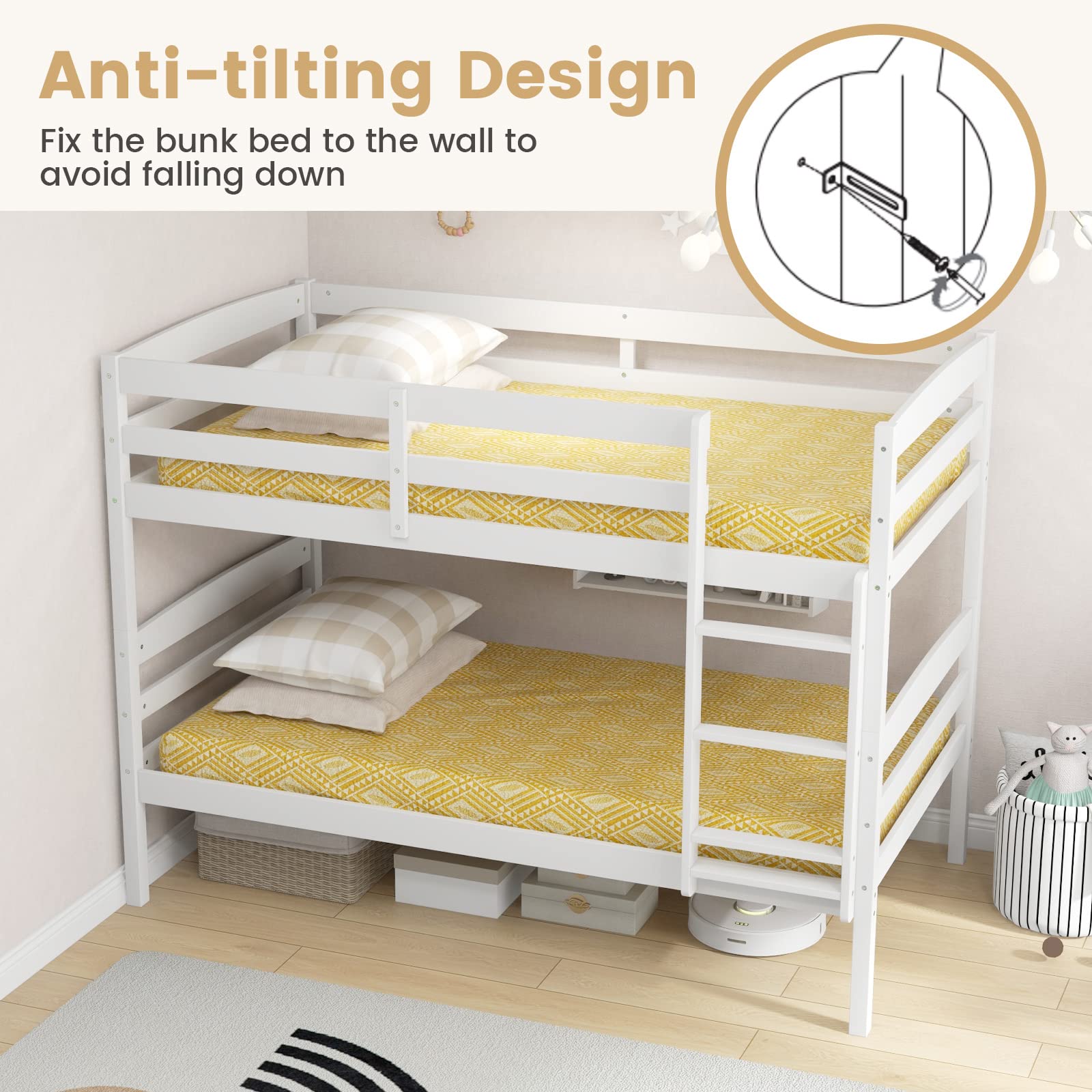 Giantex Bunk Bed Twin Over Twin, Solid Wood Detachable Bed Frame with High Guardrails & Integrated Ladder, Wooden Slatted Bunk Bed for Kids & Teens, No Box Spring Needed, White