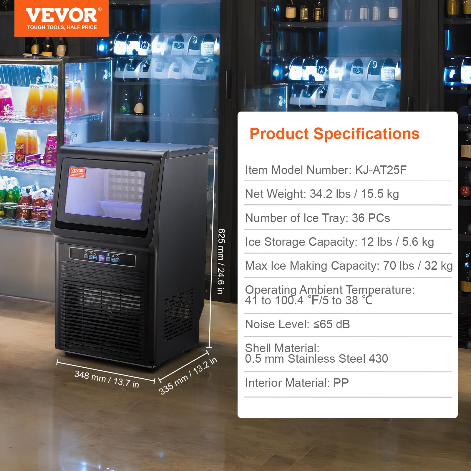 VEVOR Commercial Ice Maker, 70lbs/24H, Ice Maker Machine, 36 Ice Cubes in 12-15 Minutes, Freestanding Cabinet Ice Maker with 12lbs Storage Capacity LED Digital Display, for Bar Home Office Restaurant