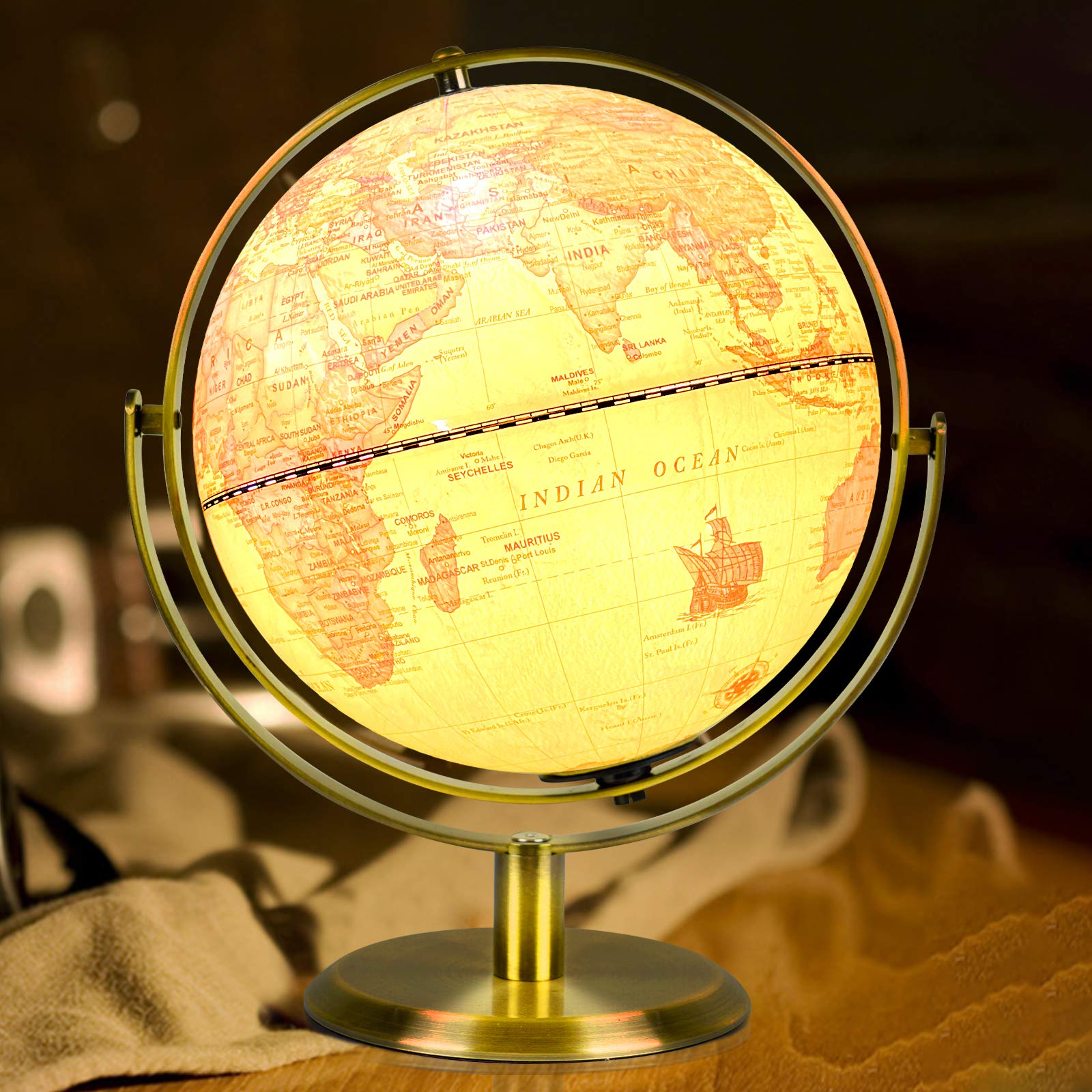 Globes of The World with Stand for Kids 8 Inchs Retro Illuminated Full 720°Rotation World Globe Night Light Built-in LED Decor Interactive Educational Learning Toys for Cafe Home and Office Decoration