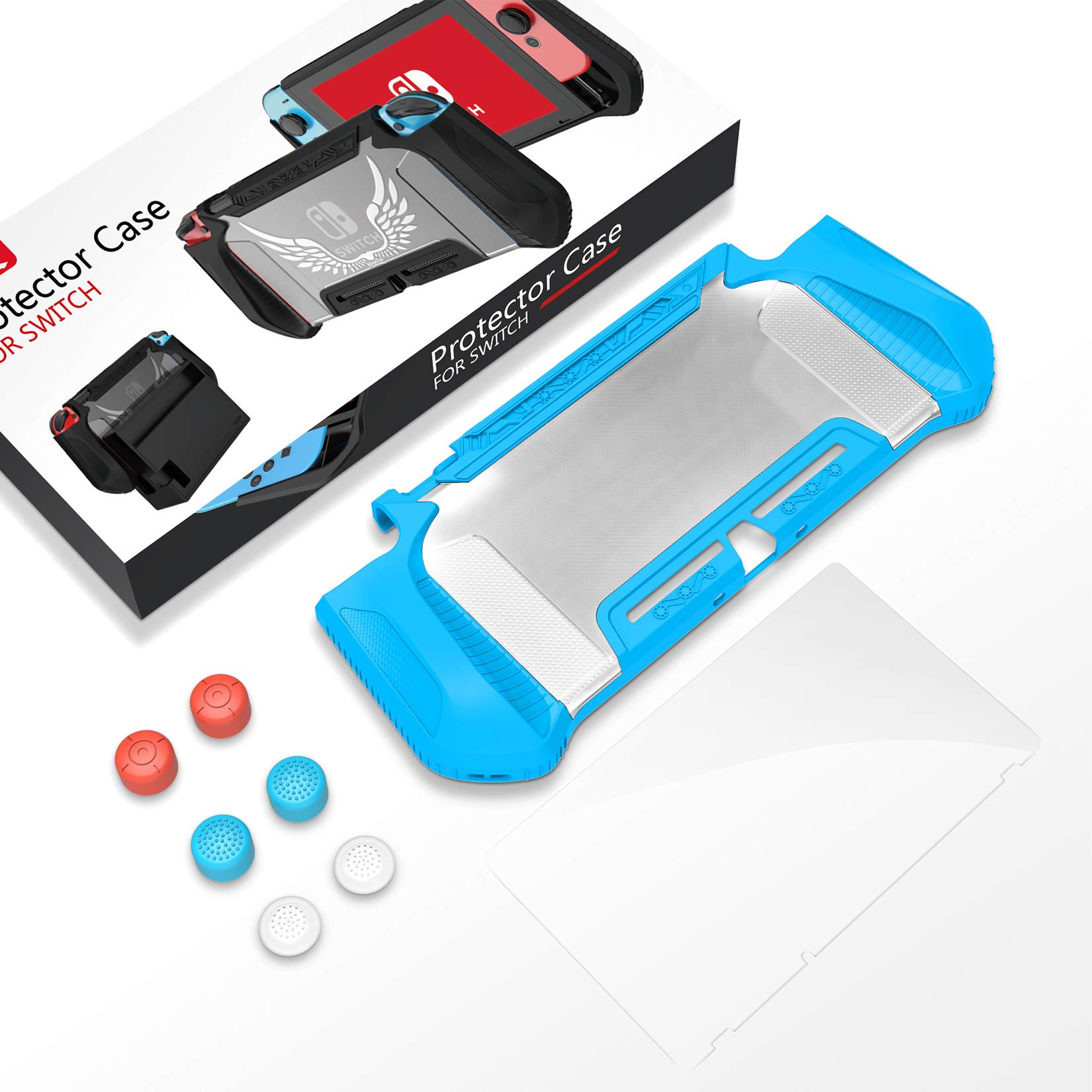 HEYSTOP Case Compatible with Nintendo Switch Case Screen Protector,TPU Protective Heavy Duty Cover Case for Nintendo Switch with Shock Absorption Transparent Blue