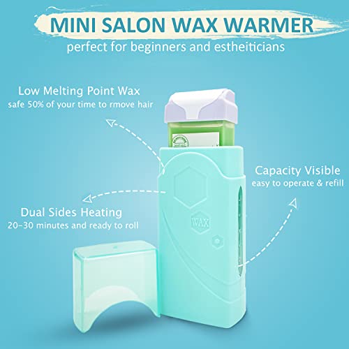 Roll On Wax Kit, at Home Wax Roller for Women, Rolling Wax Hair Removal Kit for Brazilian Wax, Underarms, eyebrows, Waxing kit includes 2 Soft Wax Cartridge & 100 Non-woven Wax Strips (Green)
