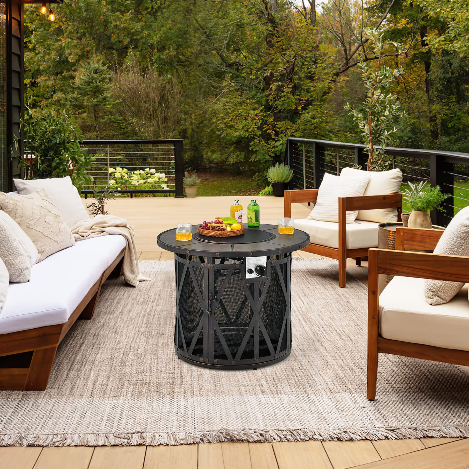 Giantex 32" Propane Fire Pit, 30,000 BTU Round Outdoor Fire Pit Table with Lid, PVC Cover, Glass Stones, CSA Approved, 2-in-1 Ignition Gas Fire Table for Outside Patio Garden Backyard Deck, Black