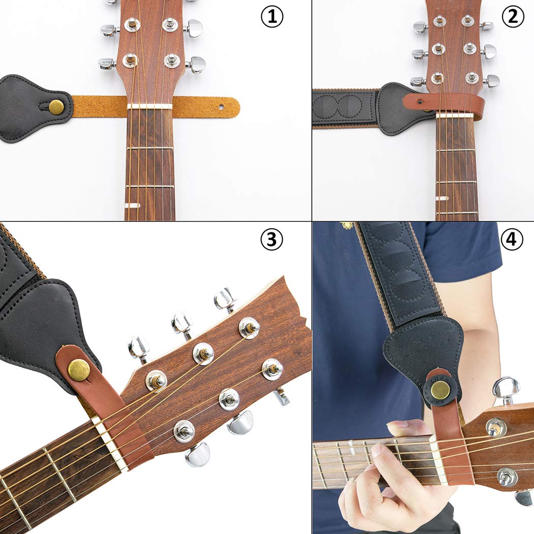 Guitar Neck Strap Leather Headstock strap Guitar Straps Lock Button Rubber Acoustic Electric Strap Blocks Accessories (Brown)