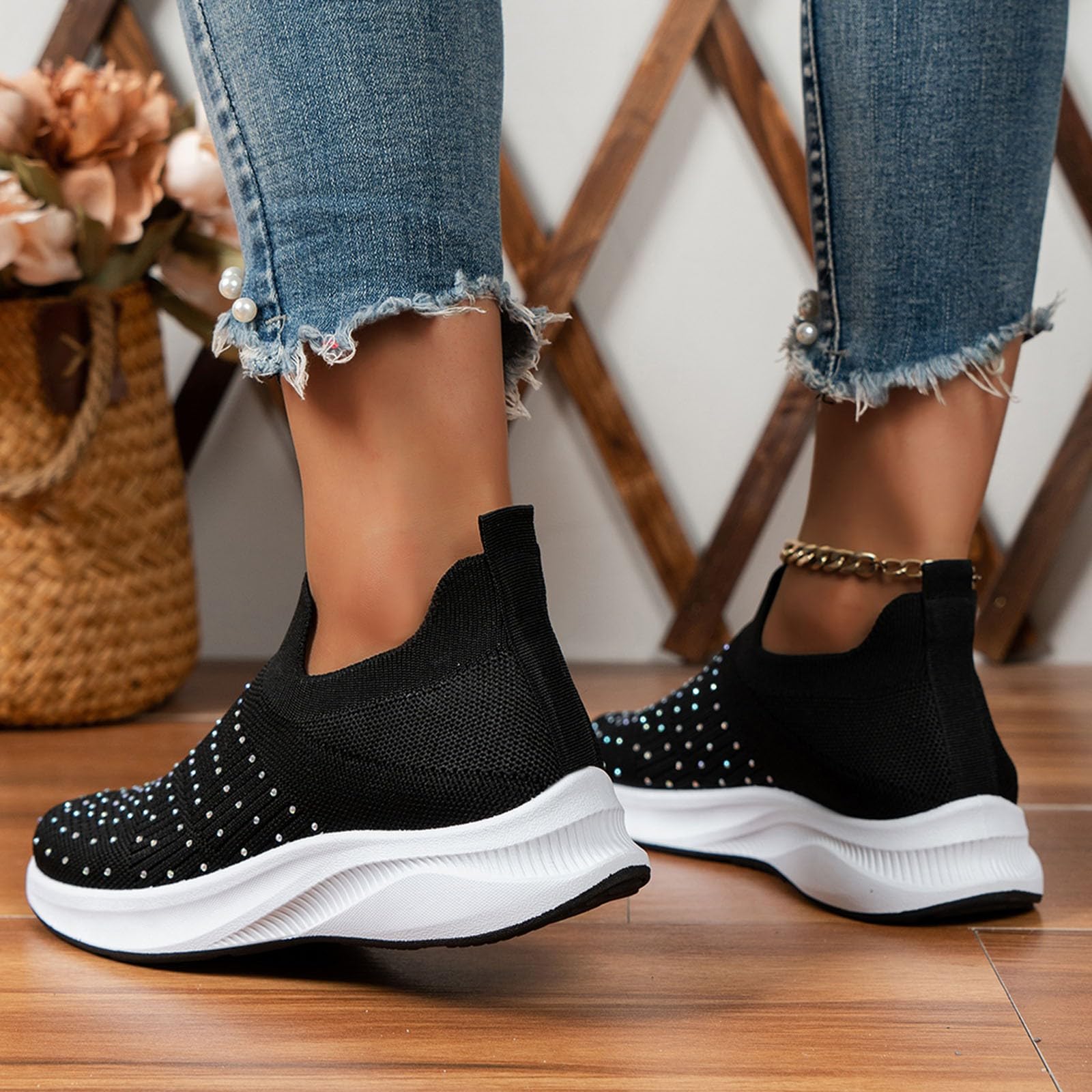 Htmbrou Women's Rhinestone Mesh Orthopedic Sneakers Mesh Walking Shoes Crystal Glitter Slip On Breathable Arch Support Sock Sneaker B-White