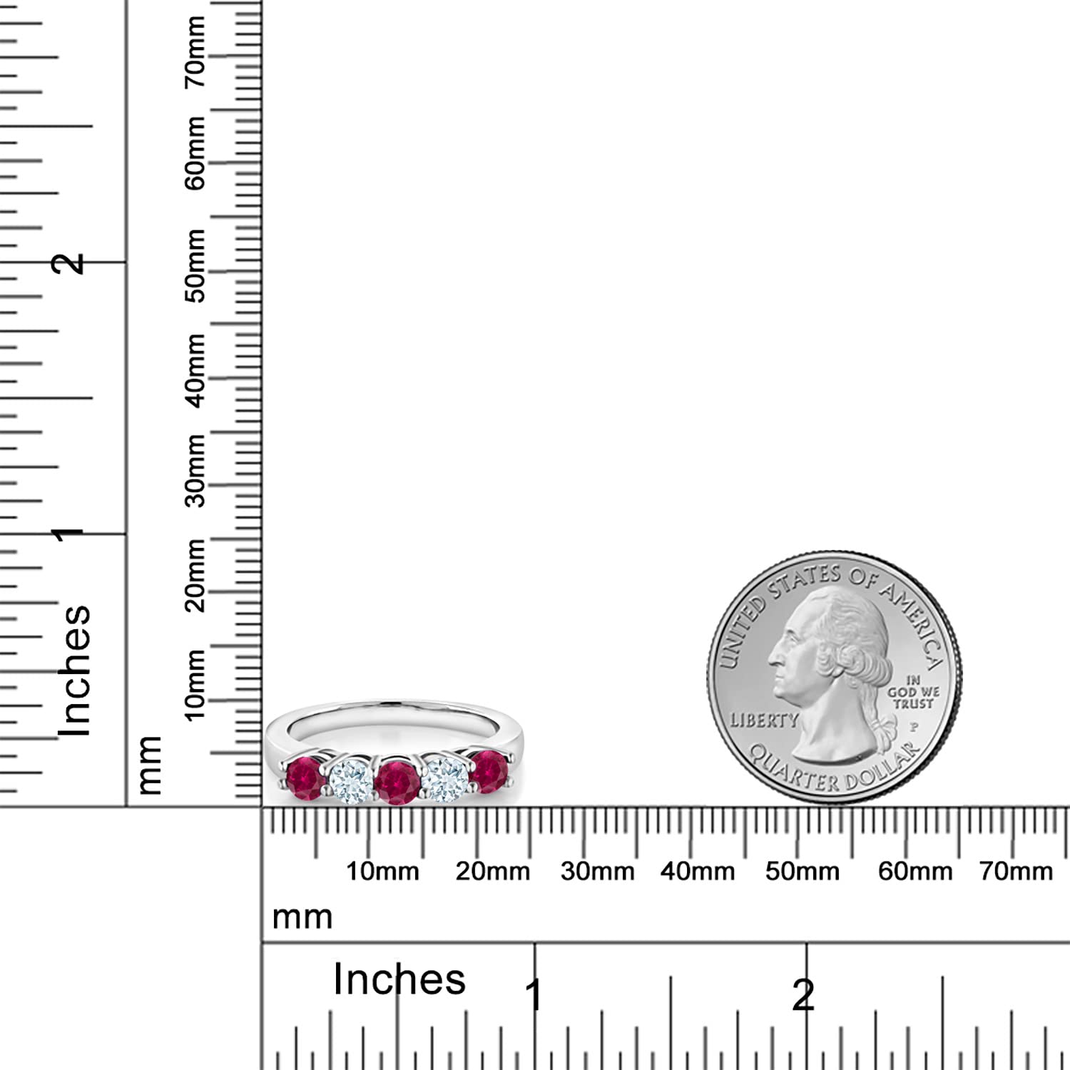 Gem Stone King 925 Sterling Silver Red Created Ruby and Sky Blue Aquamarine 5-Stone Wedding Anniversary Band Ring For Women (1.09 Cttw, Gemstone July Birthstone, Available In Size 5, 6, 7, 8, 9)