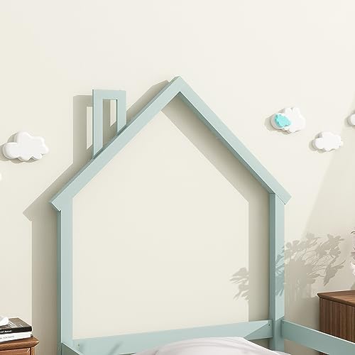 SIYSNKSI Twin Size Platform Bed, Wooden Platform Bed Frame with House-Shaped Headboard, Floor Bed with Fences for Kids Boys Girls Bedroom, Easy Assembly (Light Green + Pine 04)
