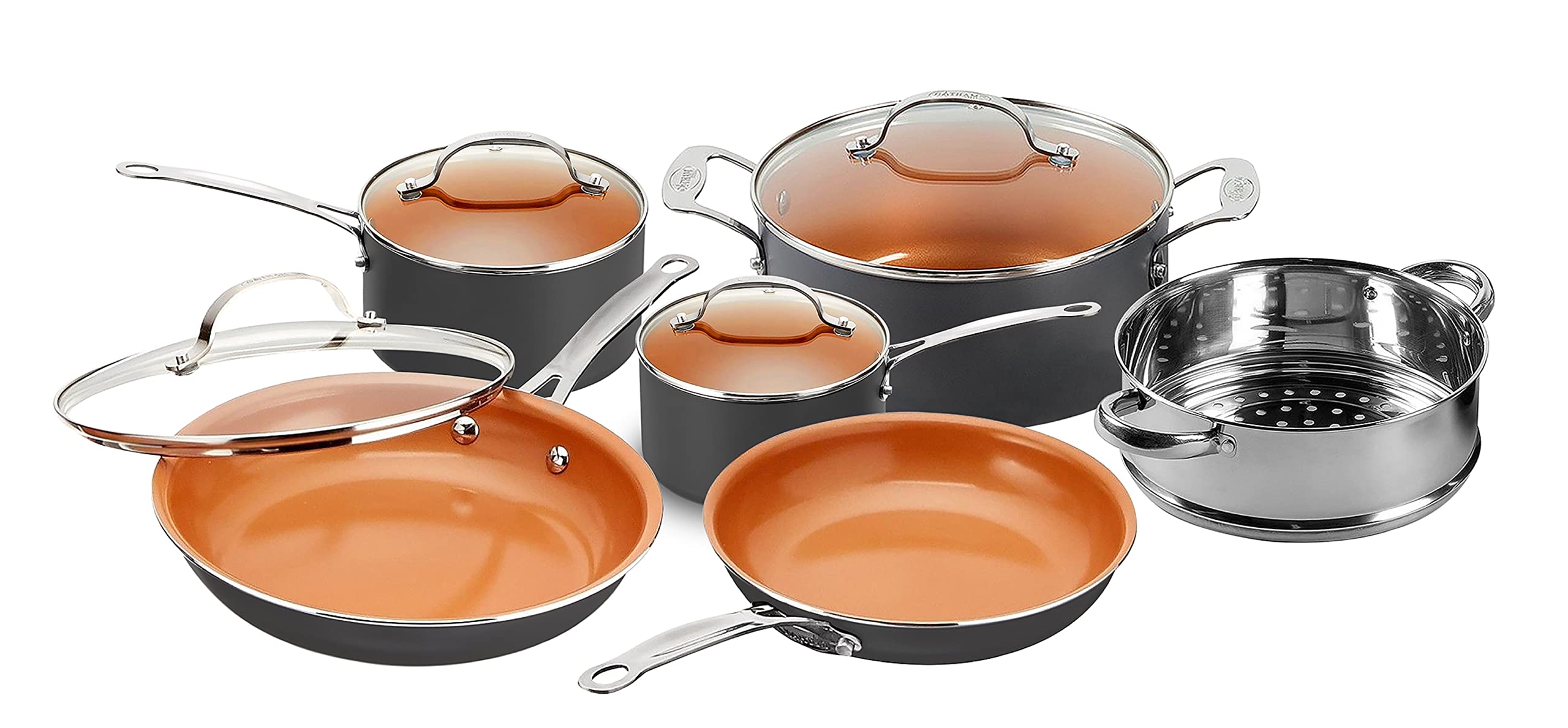 Gotham Steel 10 Piece Pots and Pans Set & Dishwasher Safe, 100% PFOA Free & 5 Piece Kitchen Essentials Cookware Set, Original