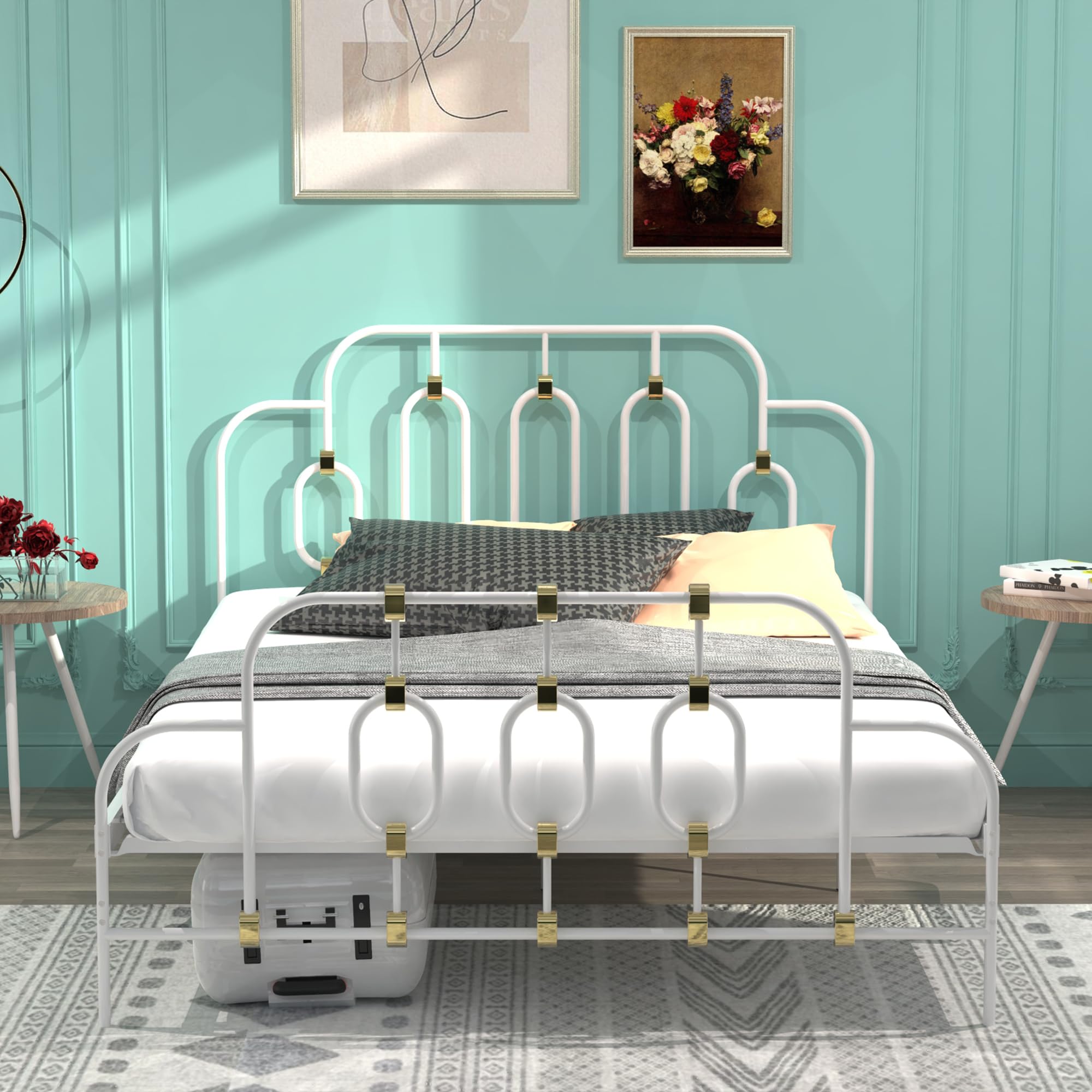 Haplized Ola Metal Bed Frame, Modern Full Size Platform Bed Frame with Storage Space, Black with Gold Detail, No Box Spring Needed, Perfect for Dorm, Bedroom, Guest Room (White)