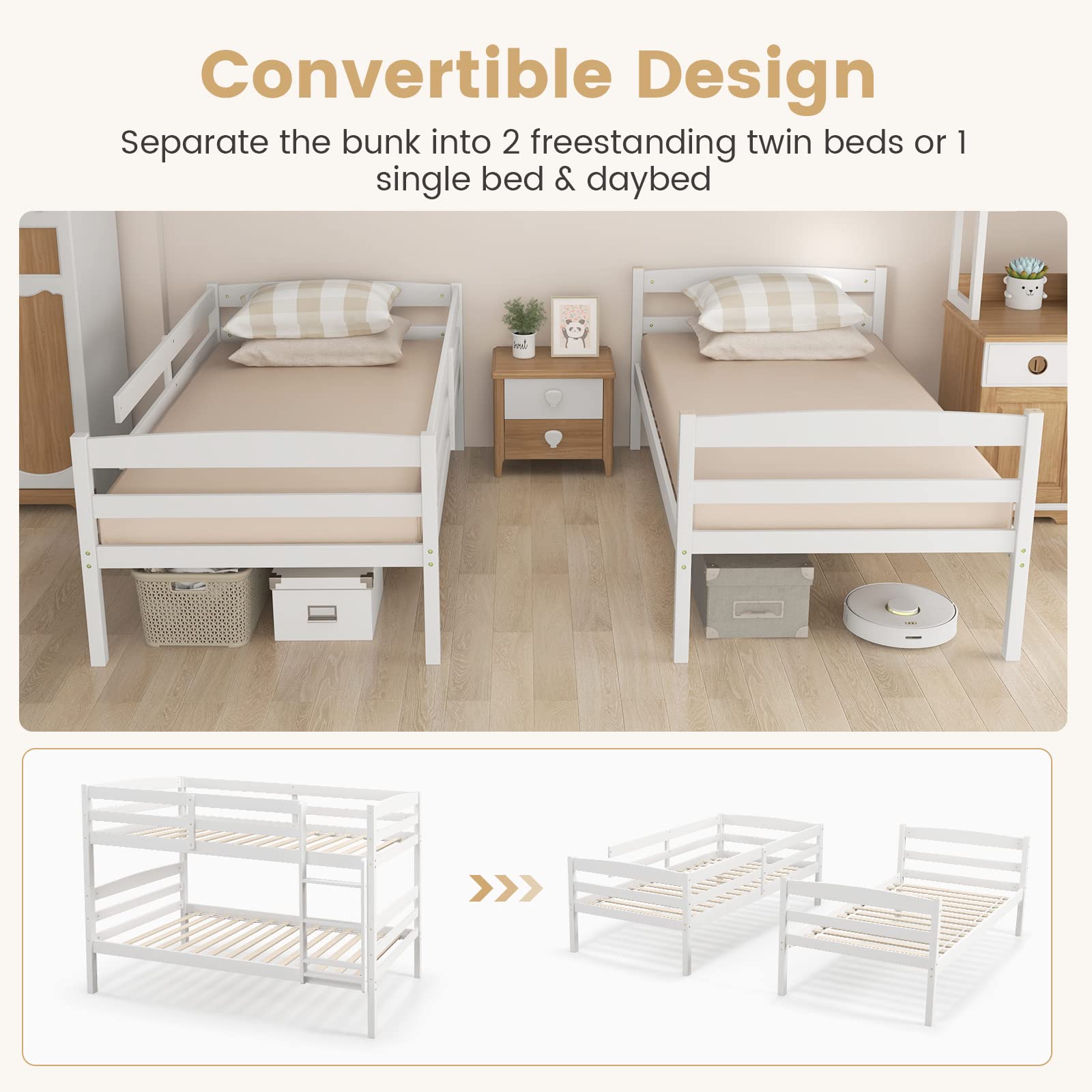 Giantex Bunk Bed Twin Over Twin, Solid Wood Detachable Bed Frame with High Guardrails & Integrated Ladder, Wooden Slatted Bunk Bed for Kids & Teens, No Box Spring Needed, White