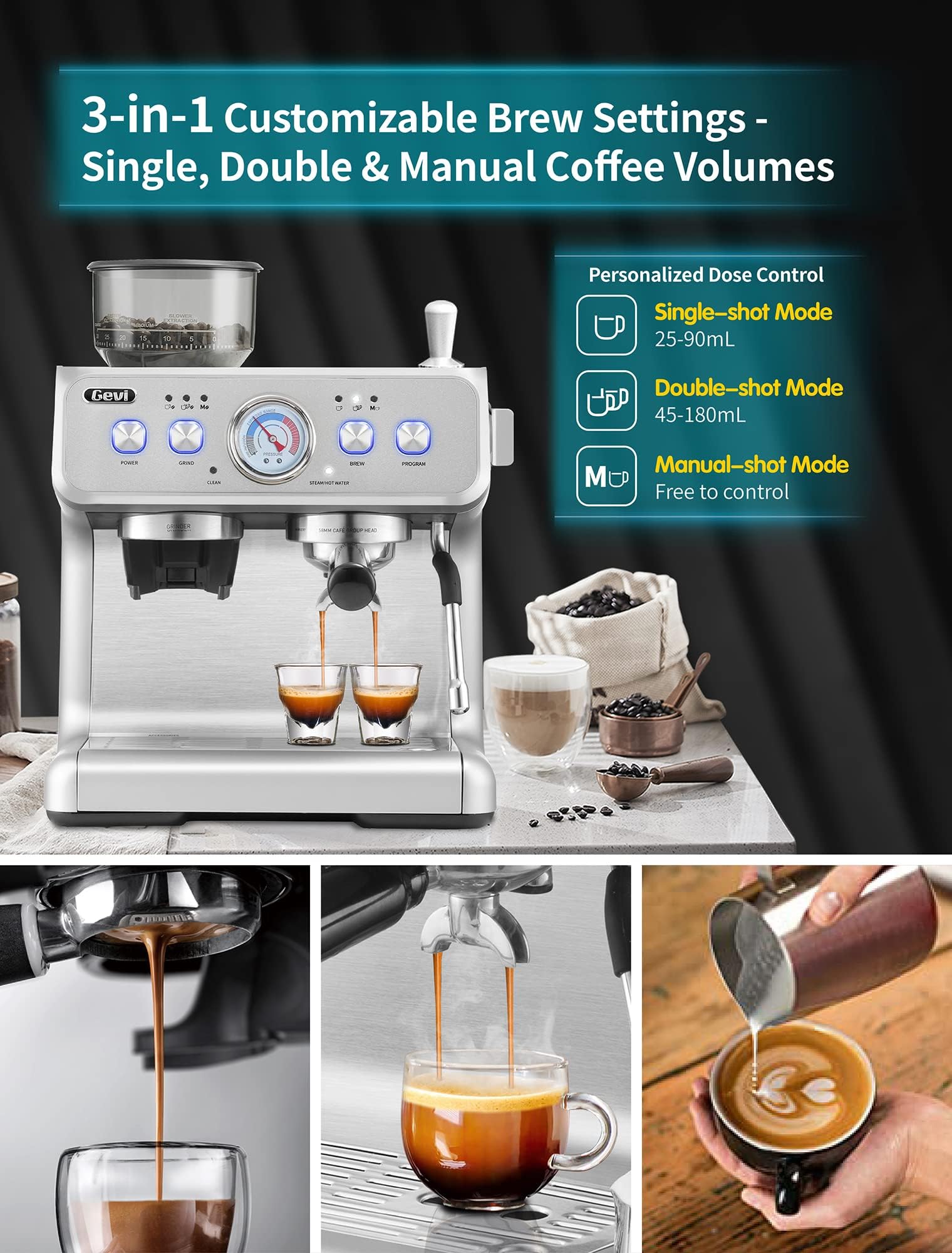 Gevi 20Bar Semi Automatic Espresso Machine With Grinder & Steam Wand β All in One Espresso Maker & Latte Machine for Home Dual Heating System