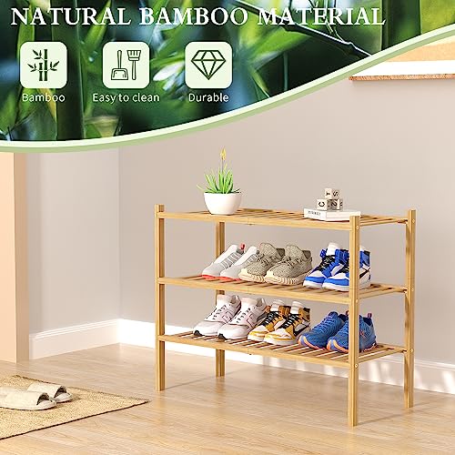 ROMGUAR CRAFT 3 Tier Bamboo Shoe Rack for Closet Free Standing Wood Shoe Shelf for Entryway Small Space Stackable 27"x11"x20" (Natural)