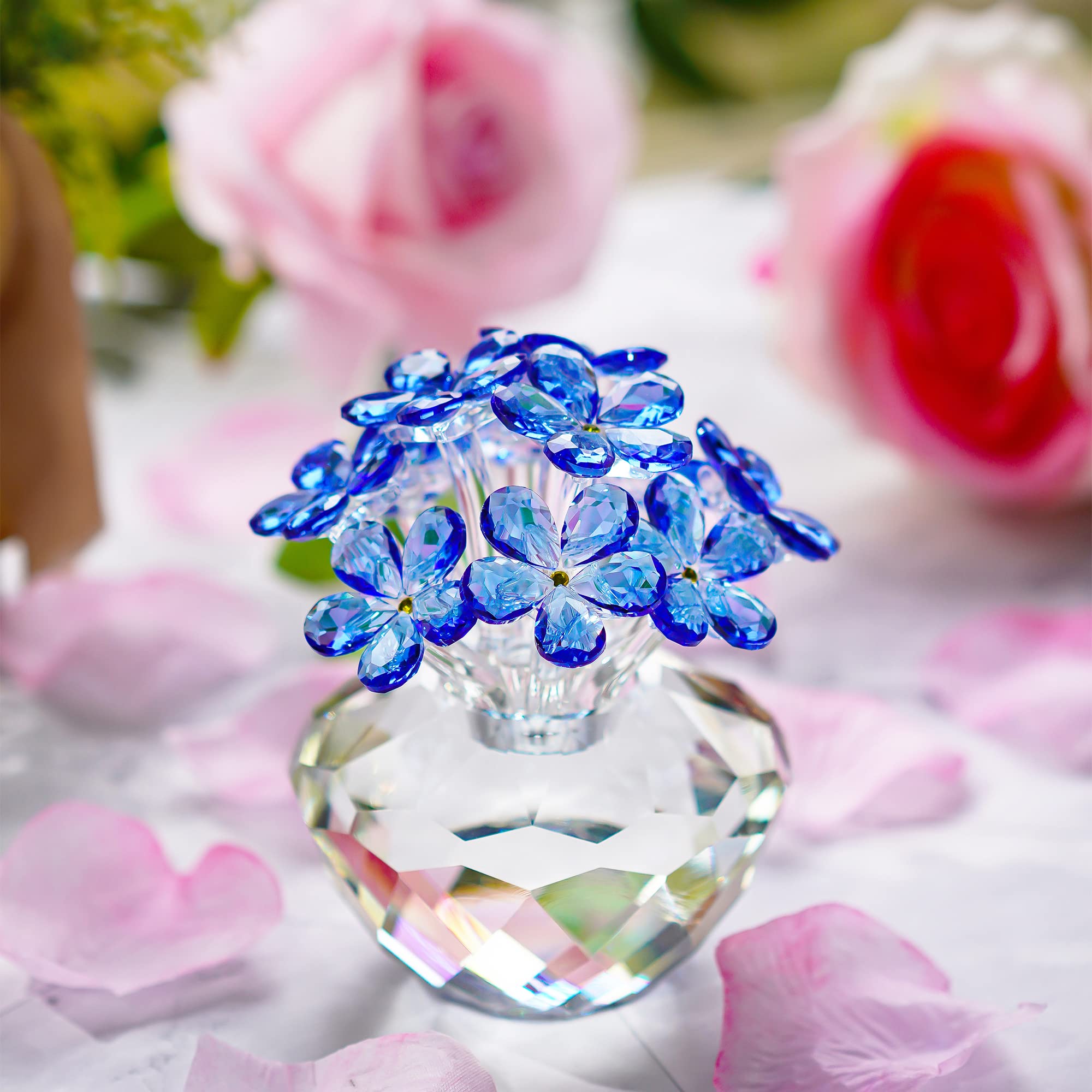 H&D HYALINE & DORA Crystal Flower Figurines Forget-Me-Not Glass Ornament Paperweight (Blue)