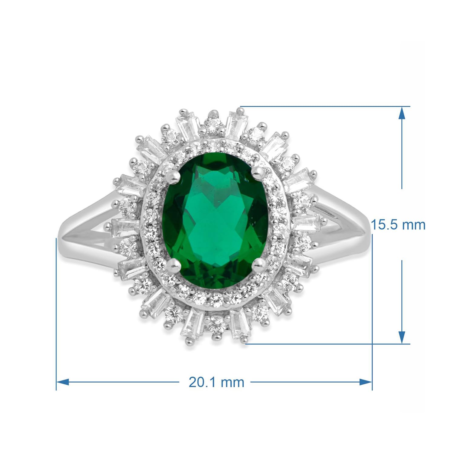 Jewelili Sterling Silver 9x7 MM Oval Cut Simulated Emerald and Tapper Baguette and Round Created White Sapphire Halo Engagement Ring, Size 7