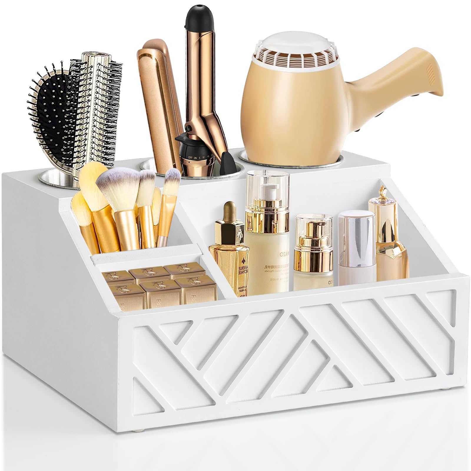 Unistyle Hair Dryer Holder Wall Mounted, Hair Tool Organizer, Bathroom Countertop Organizer for Bathroom Accessories, Wood Bathroom Blow Dryer Holder and Vanity Organizer, Makeup Storage(White)