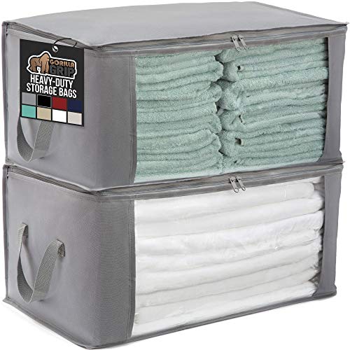 Gorilla Grip Large Capacity 2 Pack Clothes Storage Bag Organizer, 90L, Reinforced Handles, Thick Fabric for Blankets, Bedding, Clothing, Foldable Zipper Container Bags, Clear Window Closet Totes, Gray