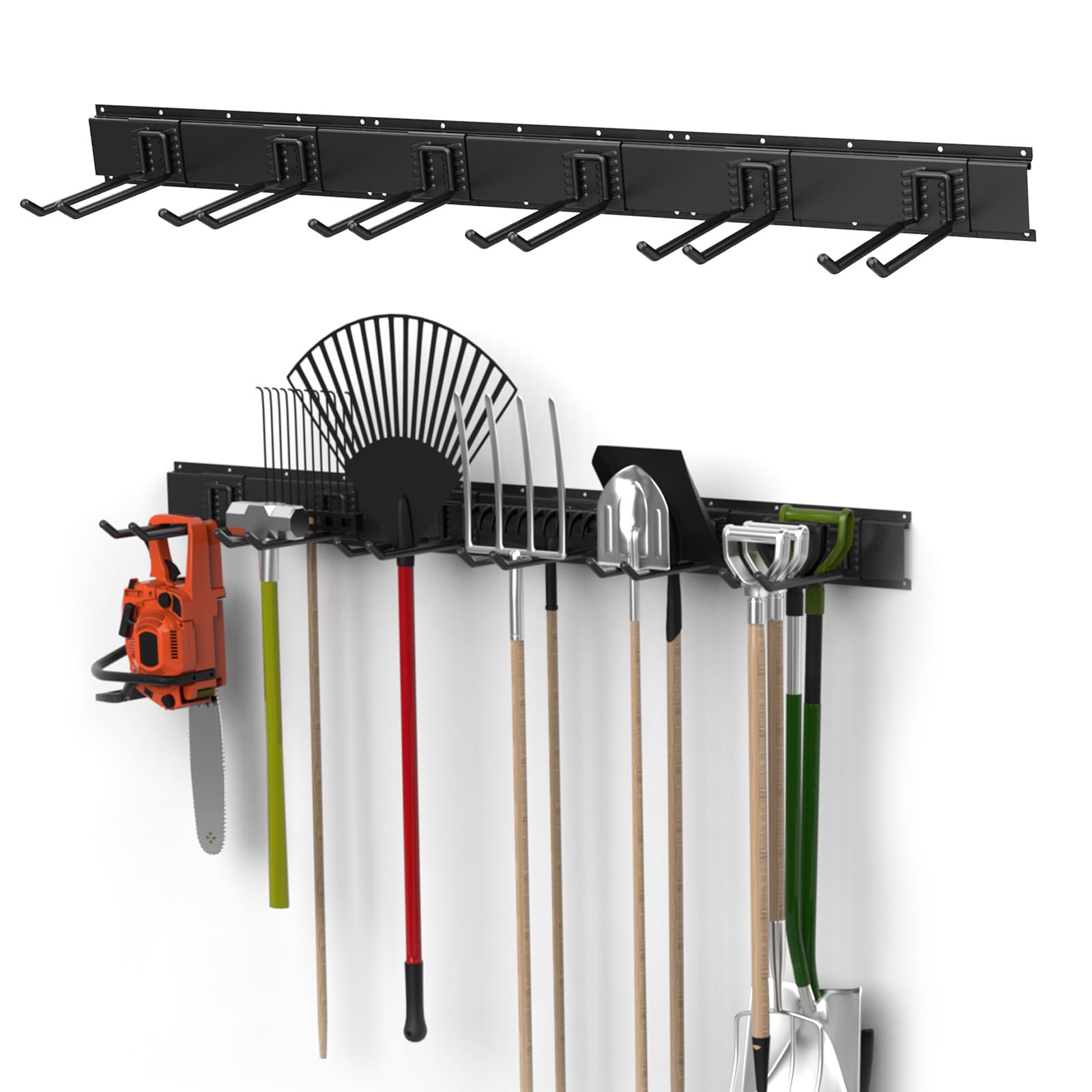 SUBICOO Garage Tool Organizer Wall Mount, Garage Wall Organizer Storage Rack, Super Heavy Duty Garden Tool Hanger Rack for Ski Gears, Chair, Broom, Mop, Rake Shovel Yard Tools (48" Rails + 6Hooks)