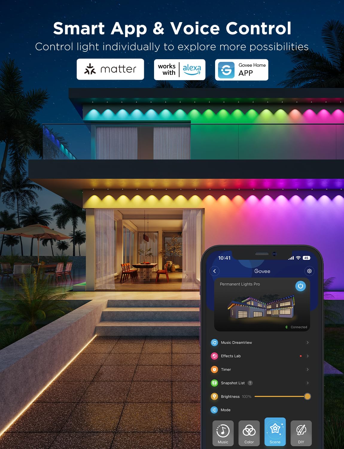 Govee Permanent Outdoor Lights Pro, 100ft with 60 RGBIC LED Lights for Daily and Accent Lighting, 75 Scene Modes, IP67 Waterproof, Works with Alexa, Google Assistant, Matter, White