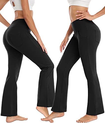 Zonoss Bootcut Yoga Pants with Pockets for Women High Waist,Gym Workout Flare Leggings Tummy Control,Black,M