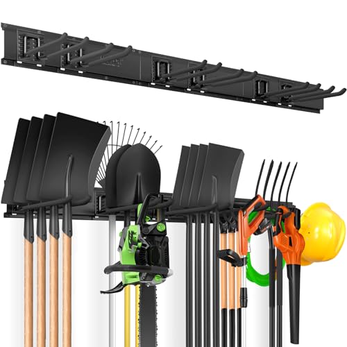 VEVOR Garage Tool Organizer, 600 lbs Max Load Capacity, Wall Mount Yard Garden Storage Rack Organization Heavy Duty with 6 Adjustable Hooks and 3 Rails, for Garden Tools, Shovels, Trimmers, and Hoses