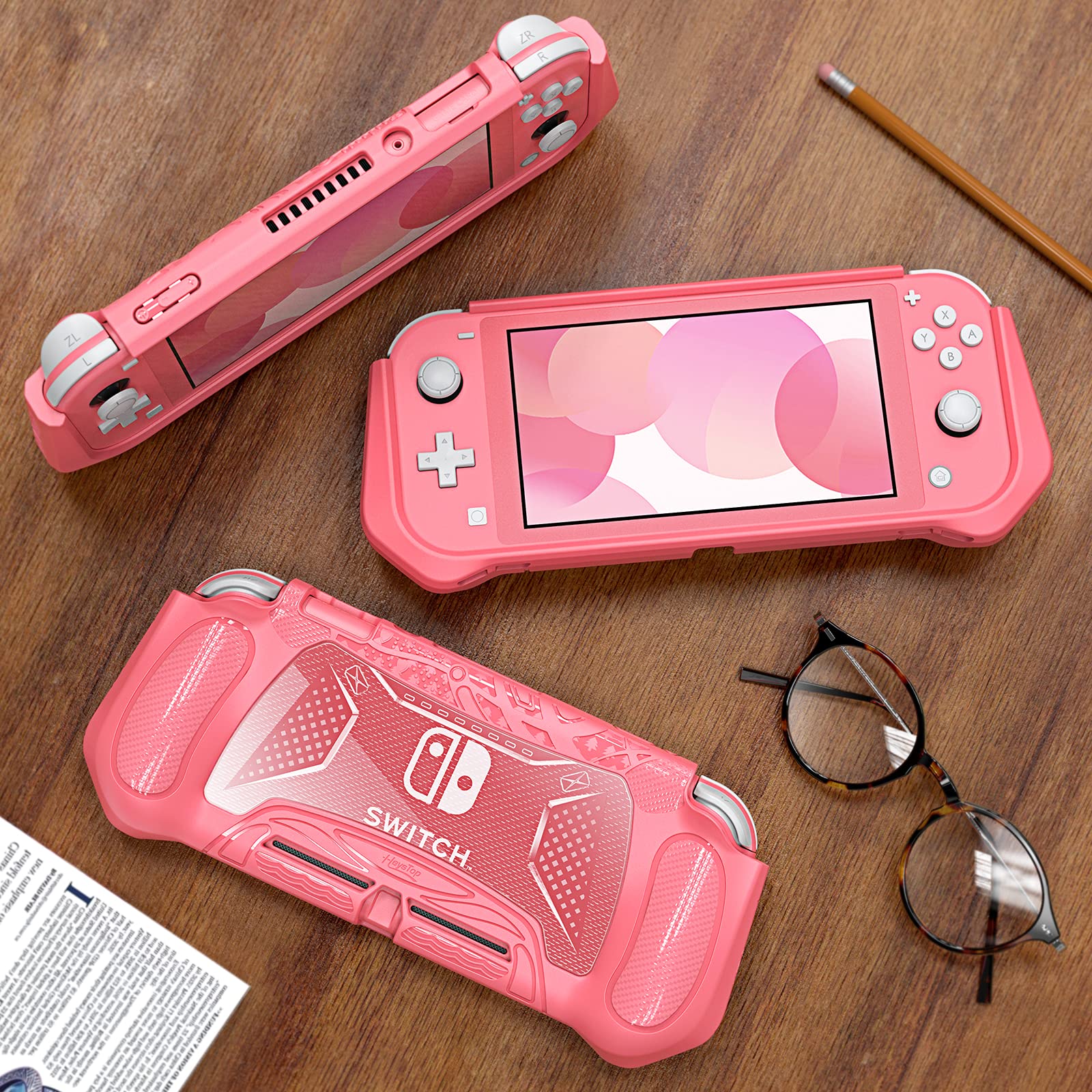 HEYSTOP Switch Lite Case Cover, Switch Lite Protective Case with Game Card Storage, Tempered Glass Screen Protector and Thumb Grip, Switch Lite Grip Case Anti-Scratch Non-Slip Case, Pink
