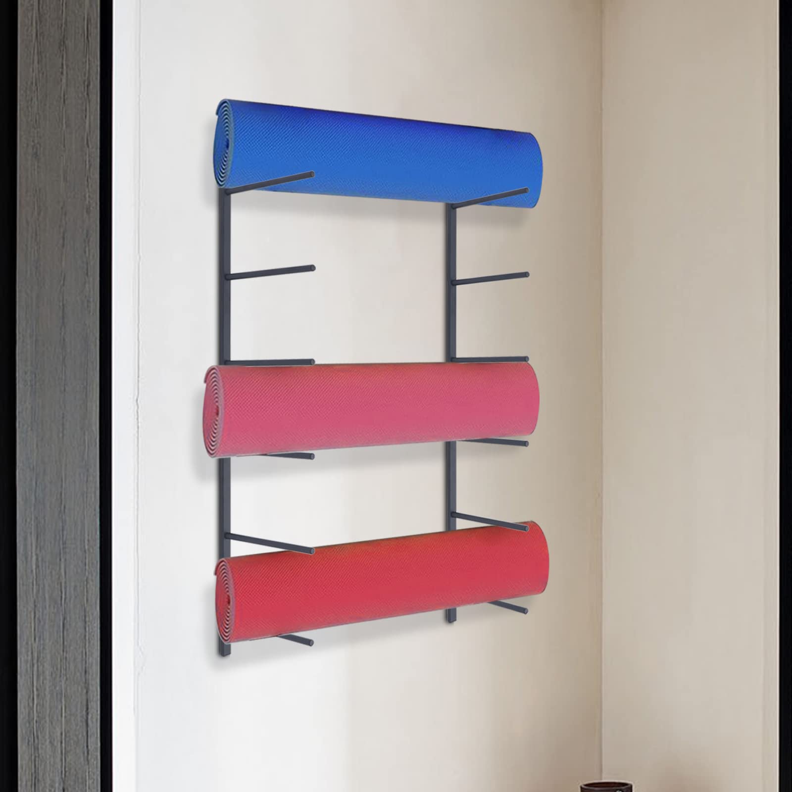 LOYALHEARTDY Multilayer Yoga Mat Storage Rack Wall Mounted Foam Roller Storage Rack Metal Large Capacity Mat Display Rack for Install Yoga Strap Yoga Accessories Resistance Bands