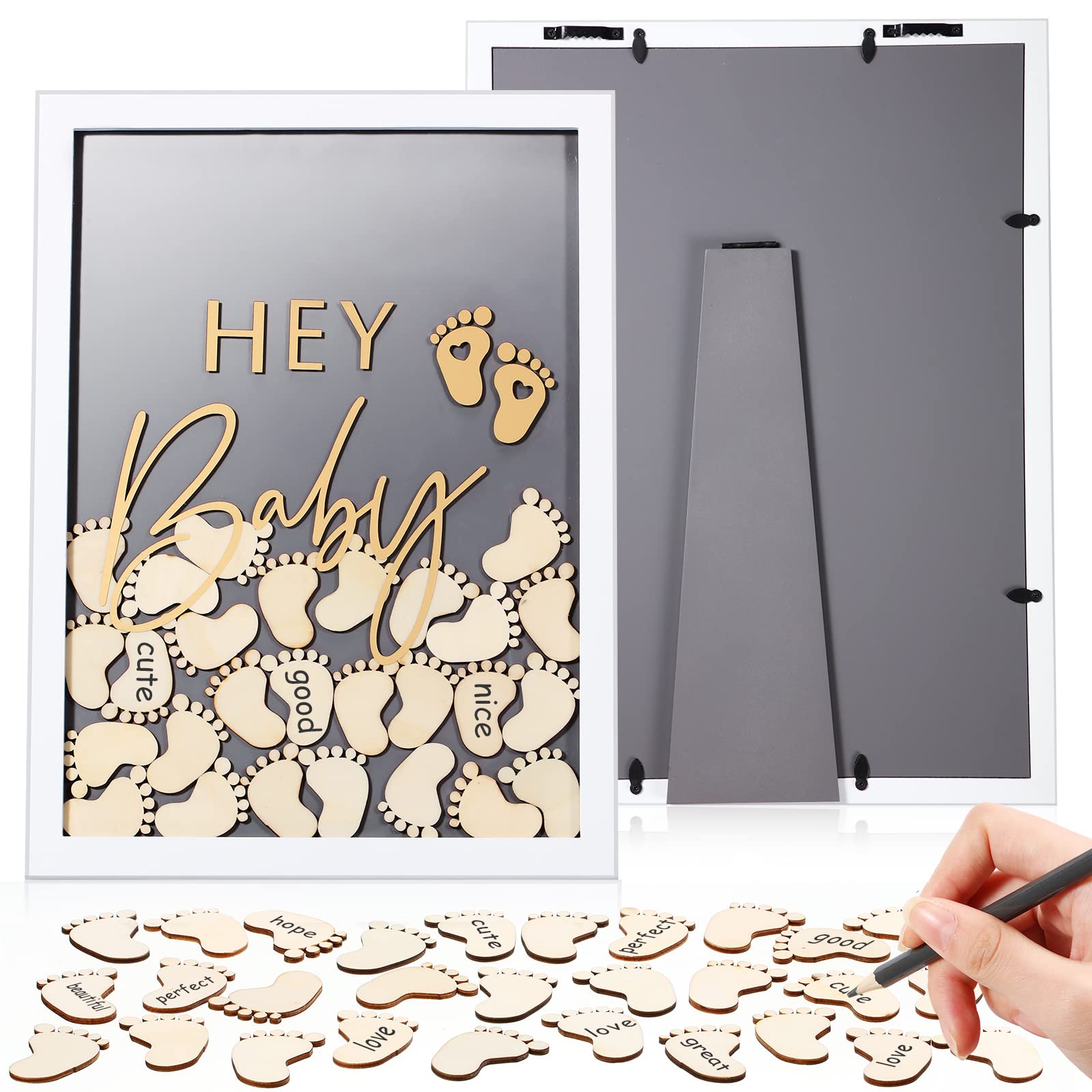 Unittype 71 Pcs Large Size Baby Shower Guest Book Alternative Baby Shower Sign in Guestbook Photo Frame with 70pcs Wood Chips Signature Keepsake for Baby Shower Favor Birthday Party(Grey, Footprint)