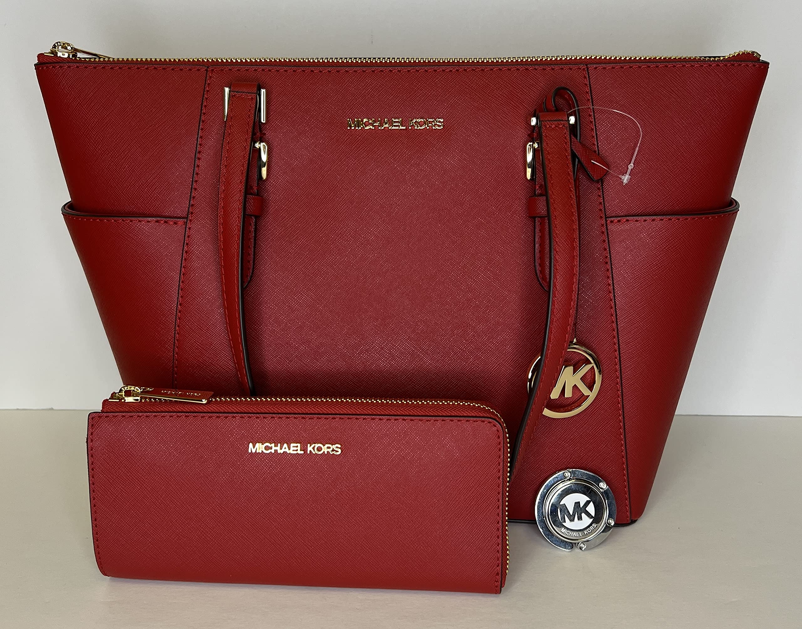 Michael Kors Charlotte Large Top Zip Tote bundled with Quarter-Zip Wallet Purse Hook (Chili Red)