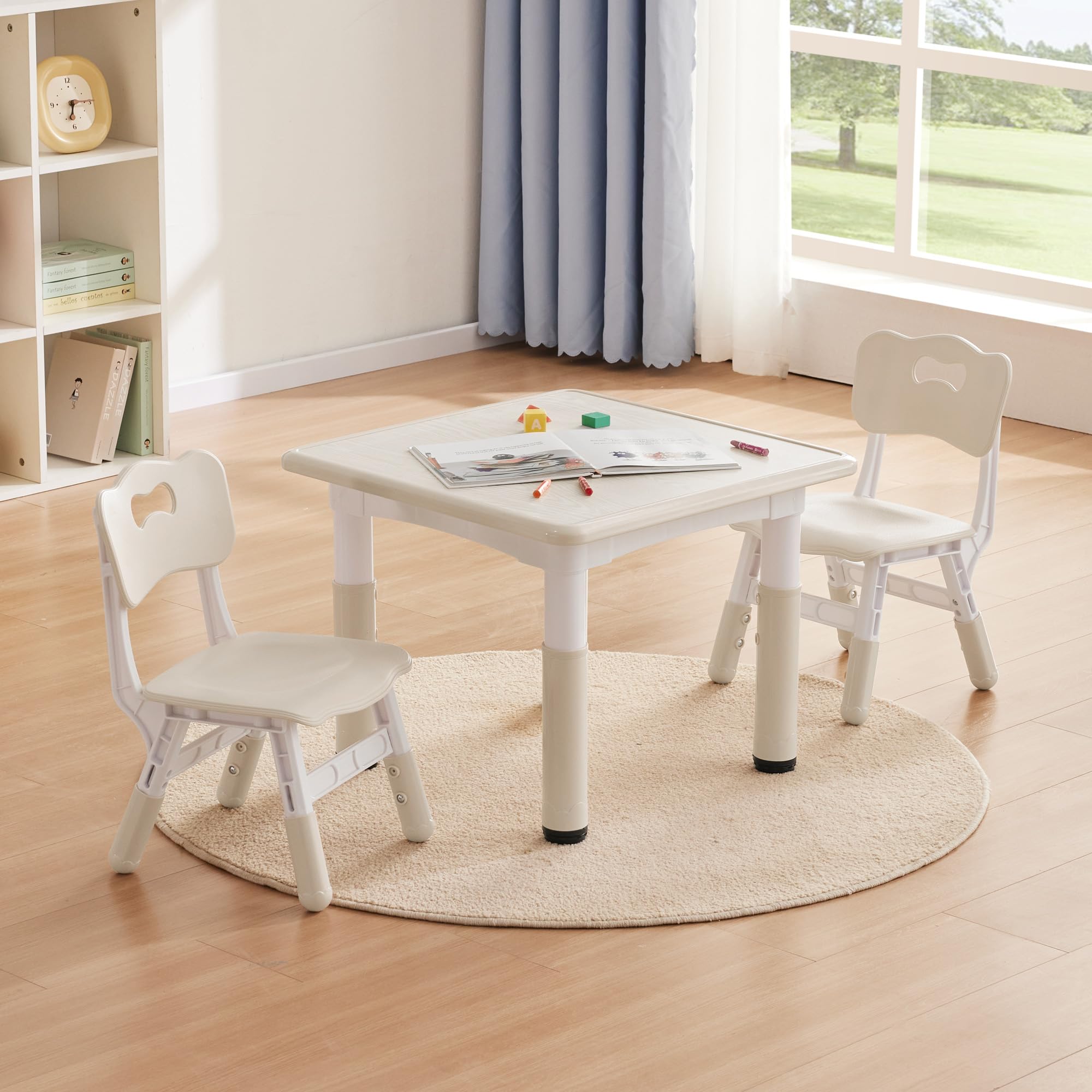 GITAWUSA Kids Study Table and Chairs Set, Height Adjustable Toddler Table and Chair Set for Kids Ages 3-8, Graffiti Desktop Plastic Children Art Table with 4 Seats, Pinky