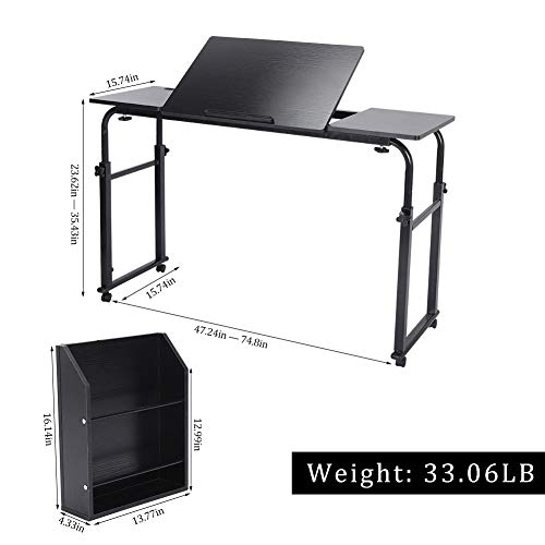 TOPINCN Overbed Table with Wheels and Storage Shelf, Height Adjustable Tiltable Table, Over The Bed Desk Laptop Cart Mobile Computer Desk (47.24inch Black)