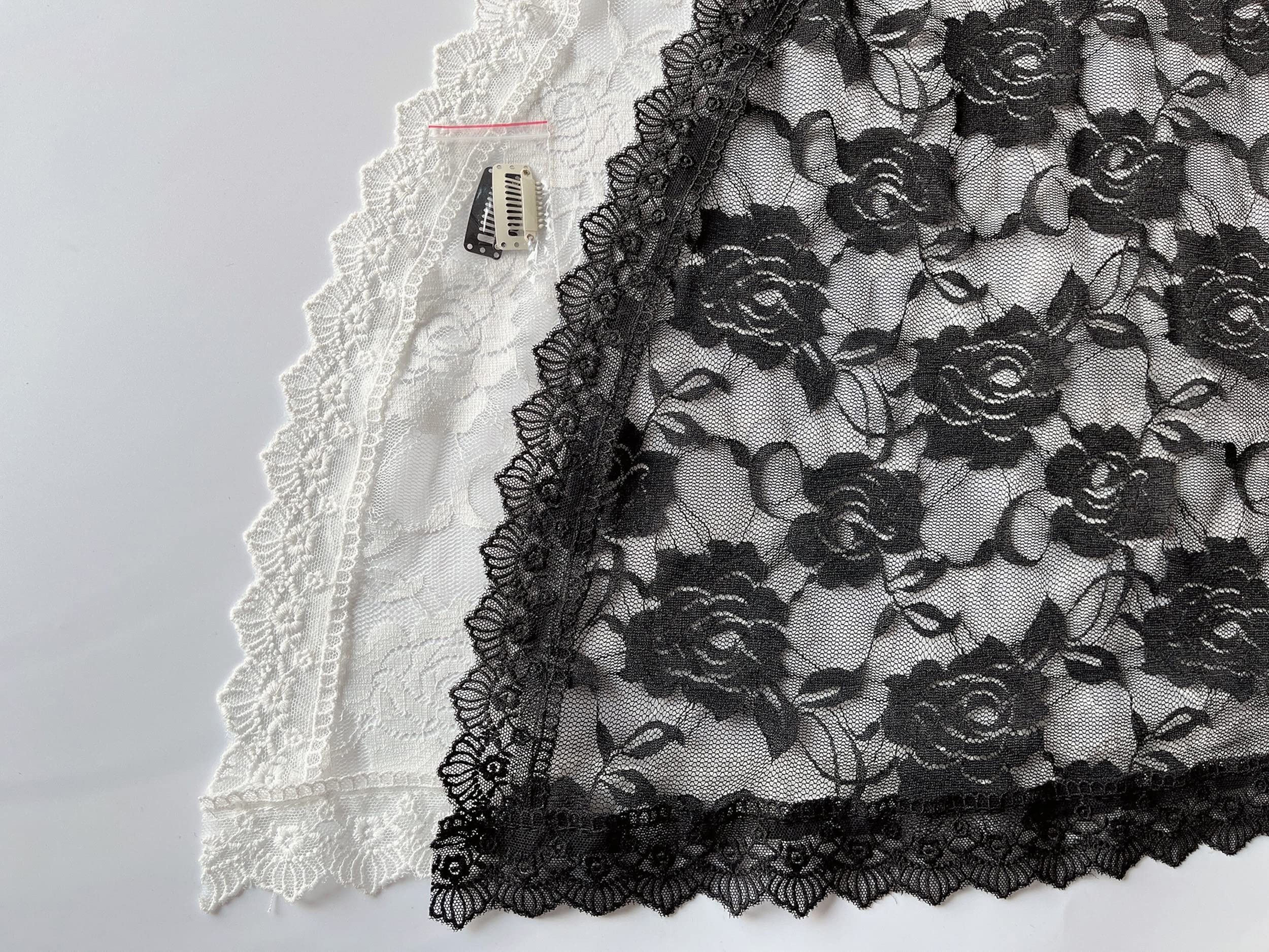 Grettytling Lace Mantilla Veil Soft and comfortable 7 Colors Spanish Style Rose Lace Veil Head Covering D Shape , 2pcs Black&white
