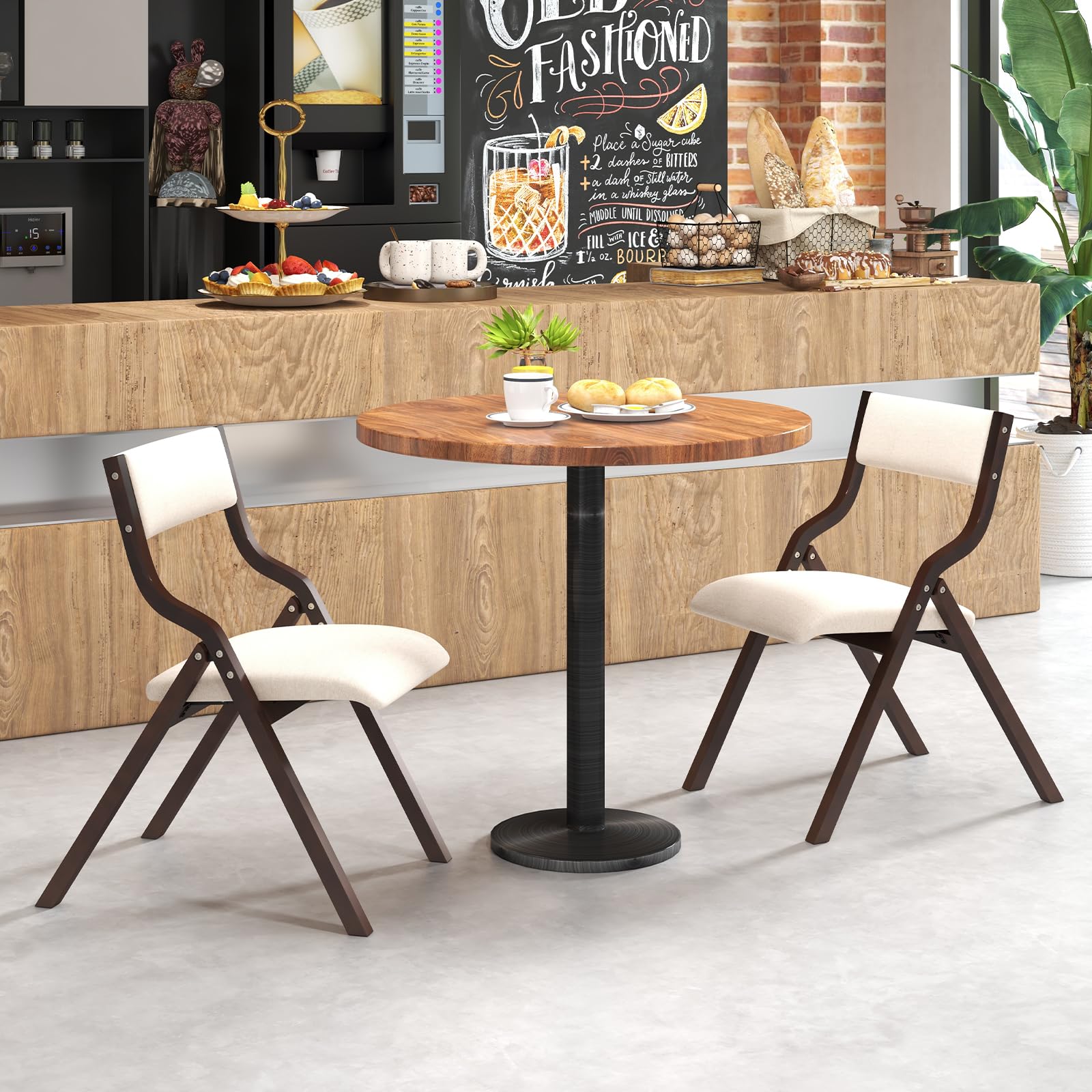 Giantex Folding Dining Chairs Set of 2, No Assembly Folding Chairs w/Linen Padded Seats, Wood Foldable Kitchen Chairs, Easy to Store Extra Event Chairs, Padded Folding Chair for Wedding Guests Party