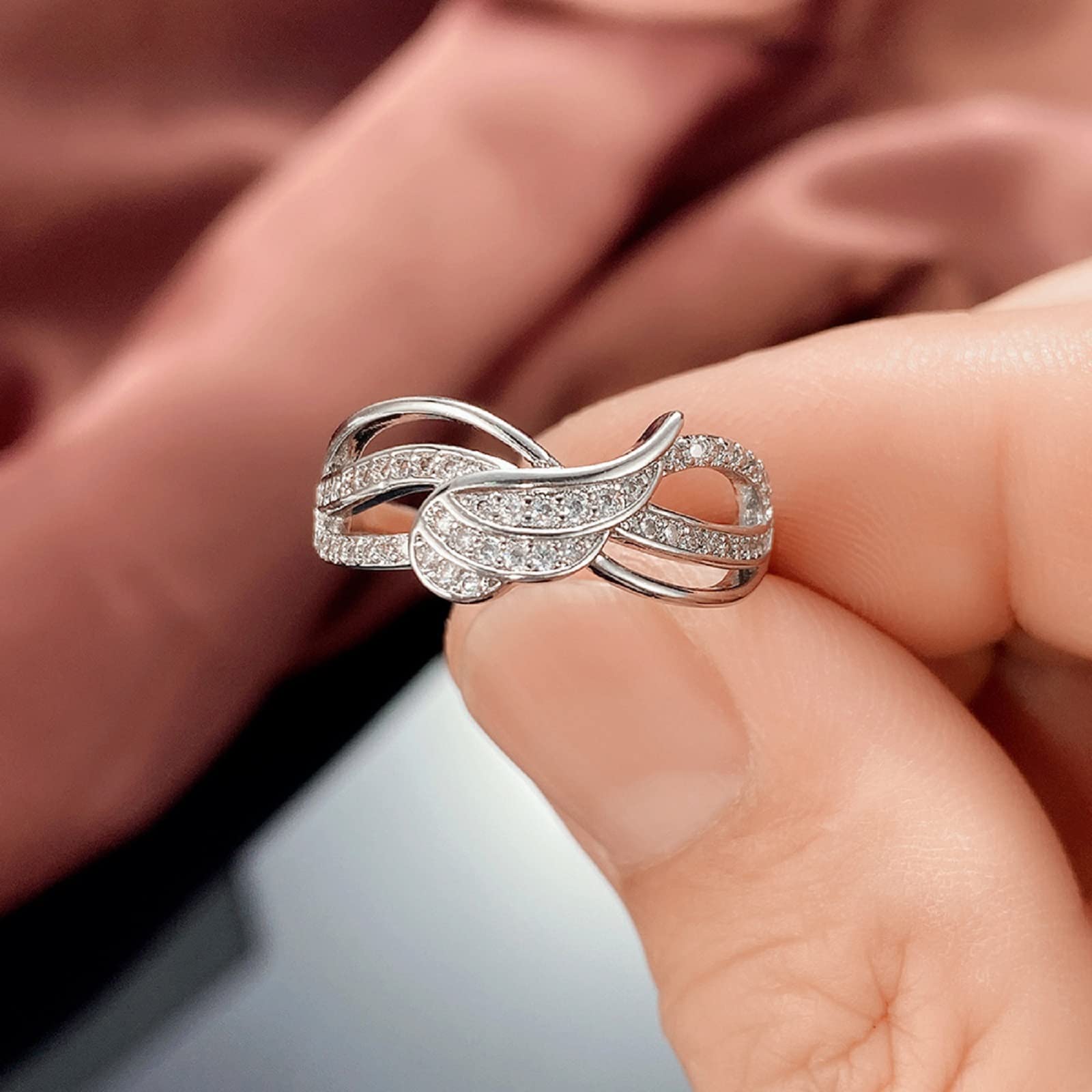 JASXEYO Angel Wings CZ Ring Big Feather Ring Jewelry Gift for Women,Feather Cubic Zirconia Fashion Ring, Platinum Plated Size 6-10 (7)
