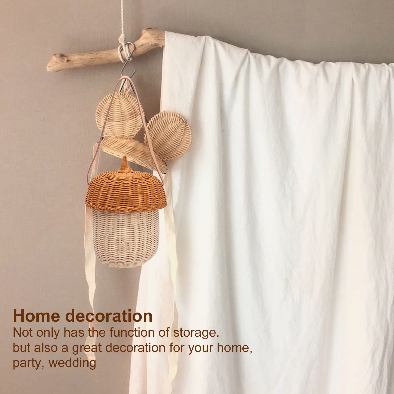 Zerodis Kids Rattan Storage Basket, Cute Photography Props Exquisite Hand Woven Decorative Rattan Basket Bag Acorn Shaped for Home (Large Handbag)