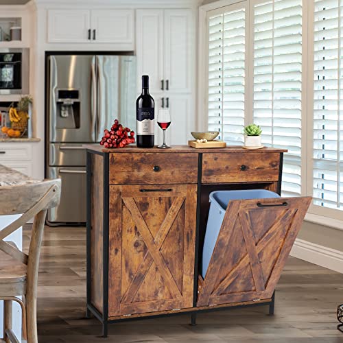 UEV Double Barn Door Style Trash Cabinet, Double Tilt Out Trash Cabinet with Solid Hideaway Drawer,Rustic Kitchen Trash Cabinet,Free Standing Wooden Kitchen Recycling Cabinet Trash Can Holder