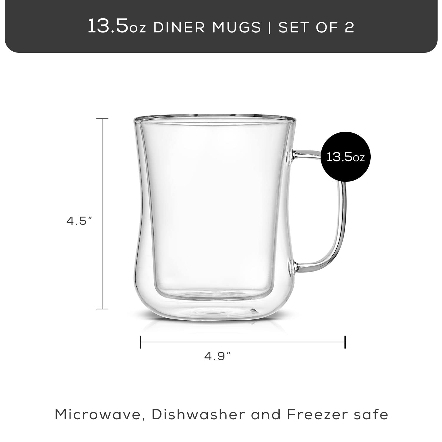 JoyJolt Double Wall Glass Coffee Mugs - 13.5oz Diner Coffee Mug Set of 2 Glass Coffee Cups. Insulated Coffee Mug, Cappuccino Cup, Latte Cup. Glasses That Don't Sweat, Clear Mugs for Hot Beverages.