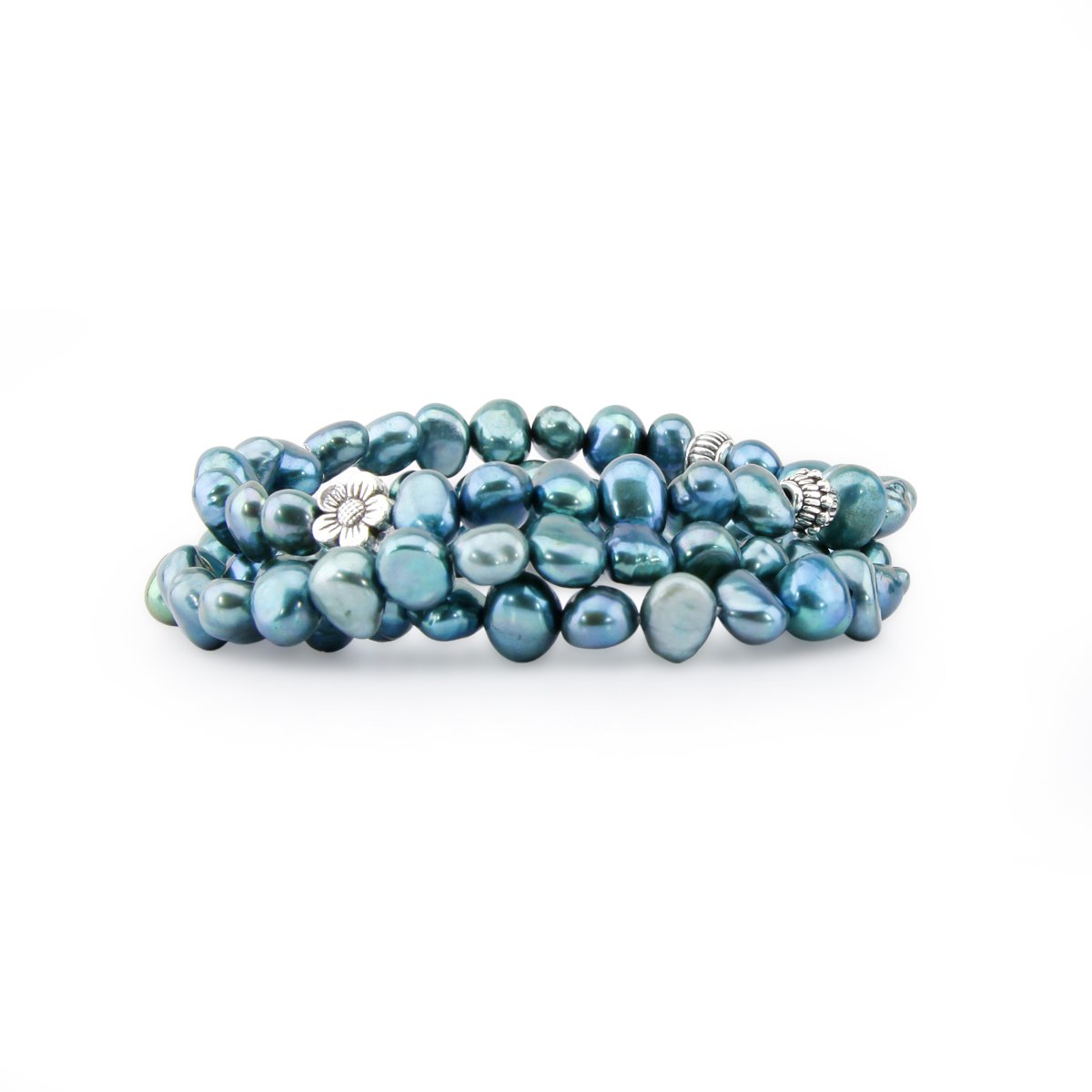 Genuine Freshwater Cultured Pearl 7-8mm Stretch Bracelets with Base-Metal-Beads (Set of 3) 7.5" (Blue)